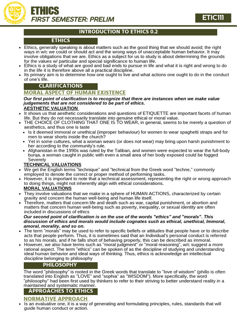 First Semester: Prelim: Ethics Introduction To Ethics 0.2 | PDF