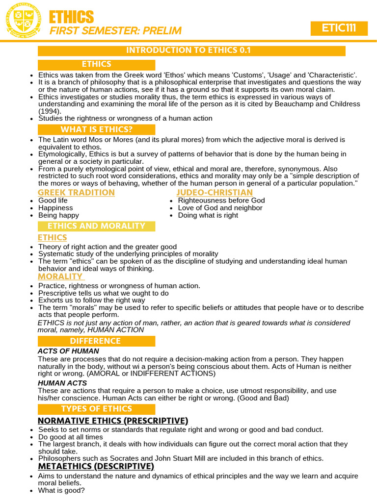 First Semester: Prelim: Ethics Introduction To Ethics 0.1 | PDF