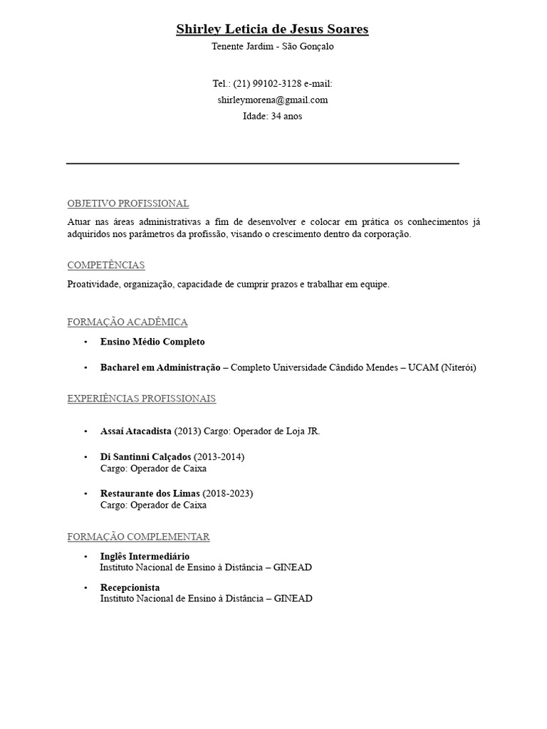 Curriculo Shirley Oficial | PDF