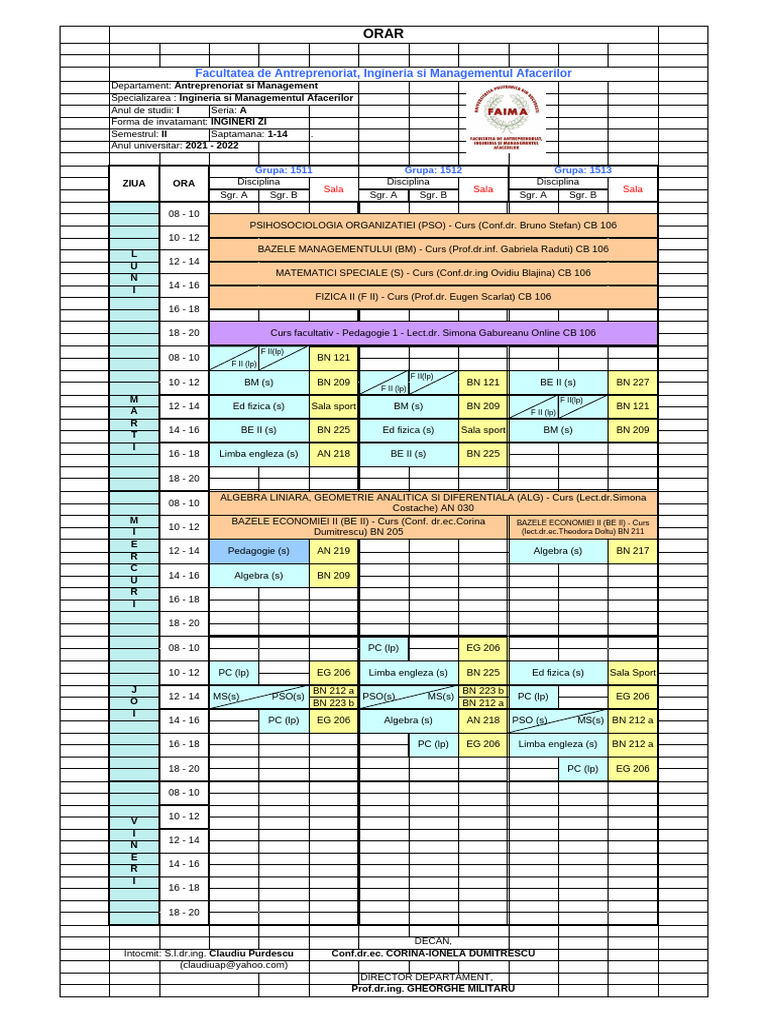 Orar Faima An I Sem Ii An Univ 2021 2022 | PDF