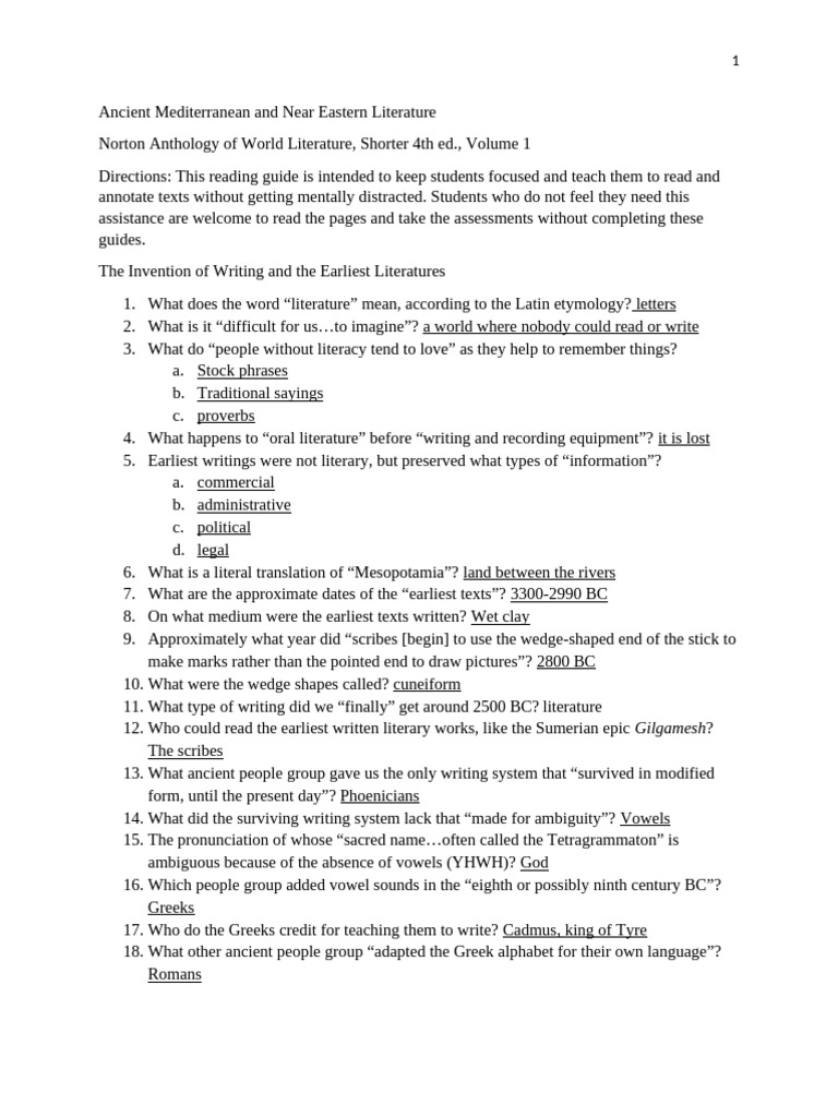 Reading Guide Ancient Mediterranean and Near Eastern Literature (NORTON ...