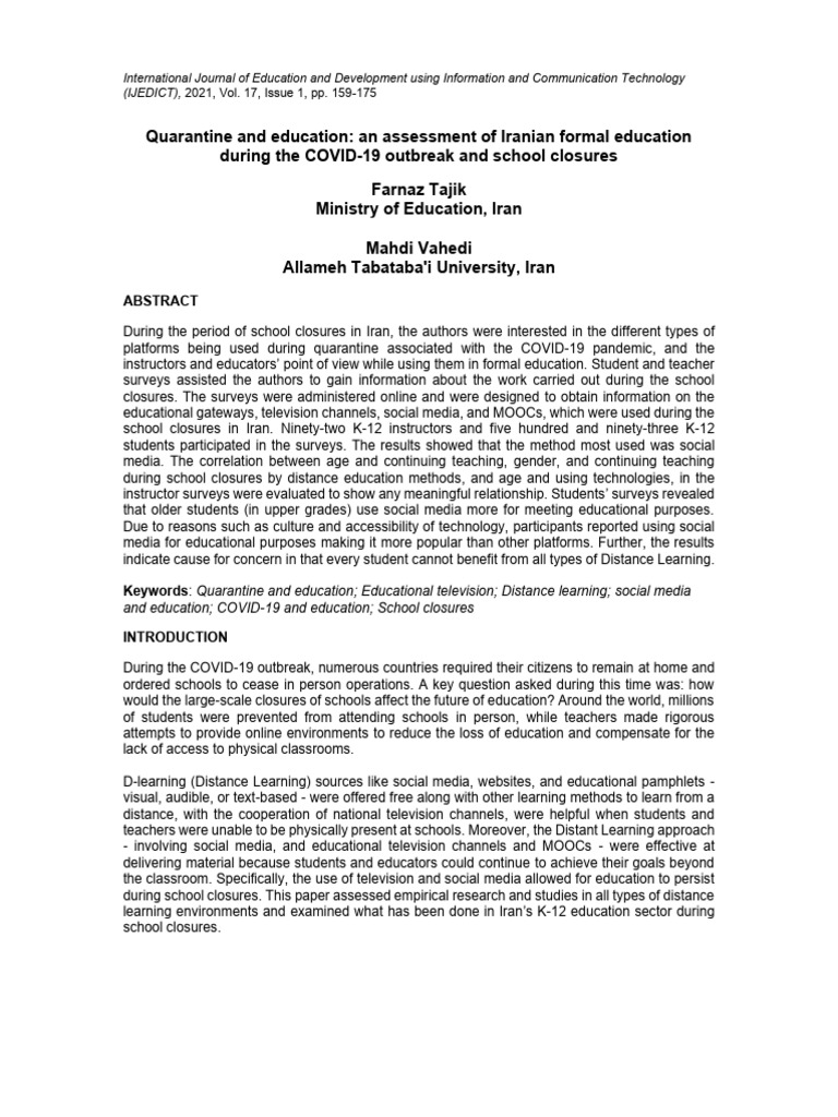 Quarantine and Education - An Assessment of Iranian Formal Education | PDF