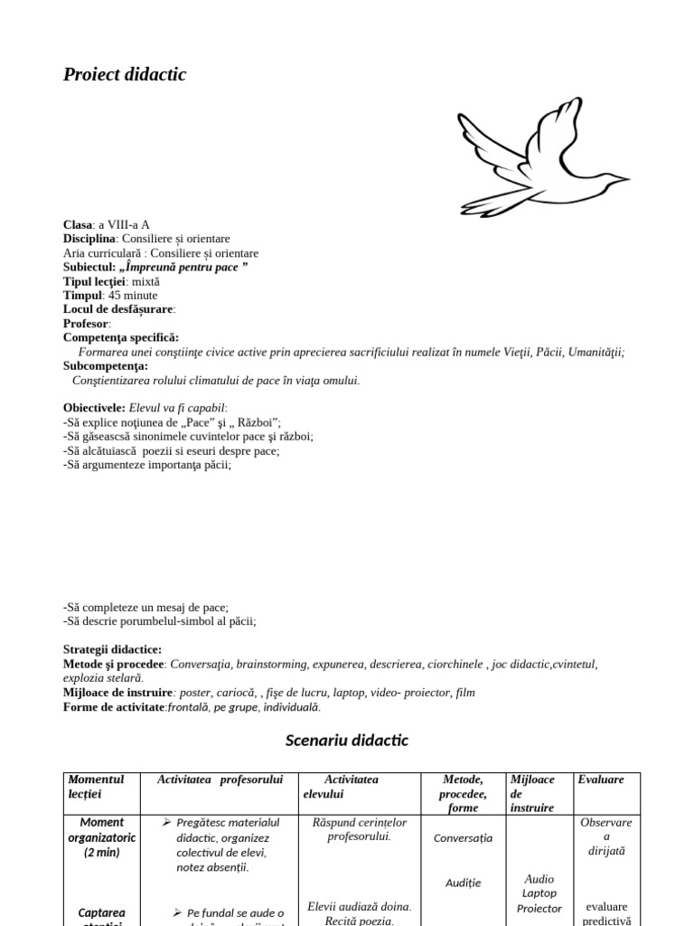 Proiect Didactic Pacea | PDF