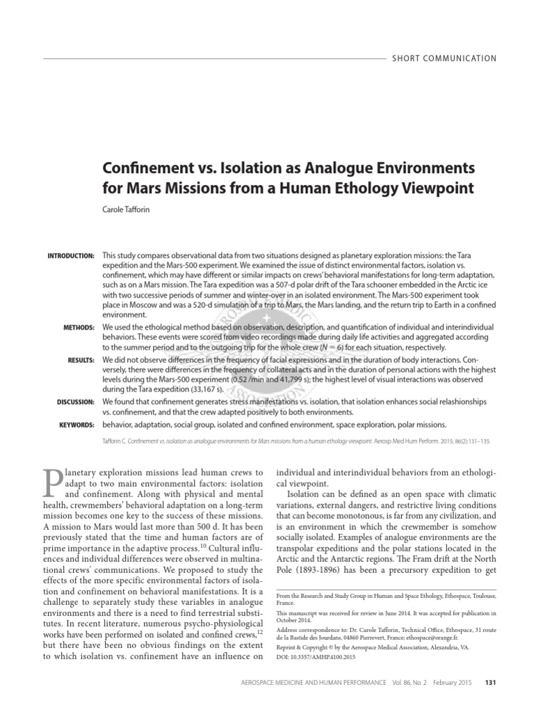 Confi Nement vs. Isolation As Analogue Environments For Mars Missions ...