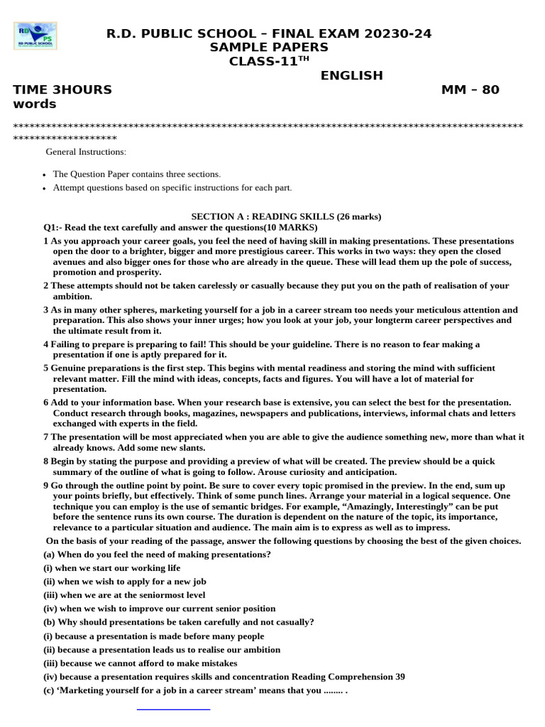 English Sample Paper Class - 11TH | PDF