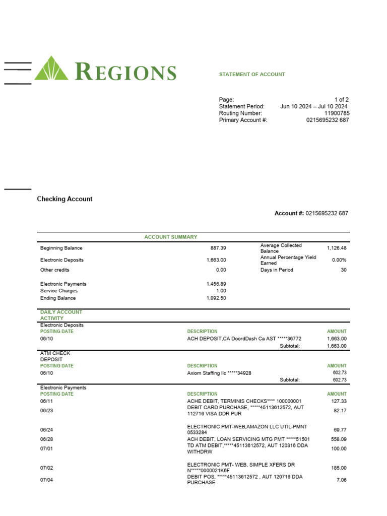 532005566-Regions-Bank-Statement-TemplateLab-com | PDF