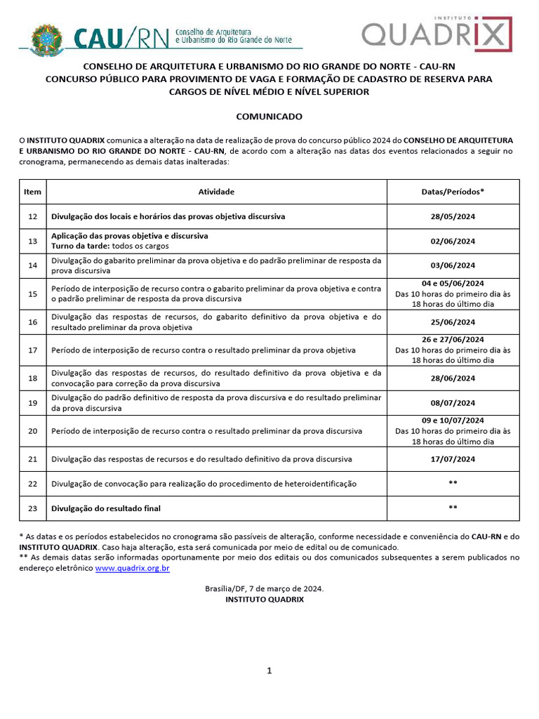 CAU-RN Concurso Publico 2024 Comunicado 07-03-2024 | PDF