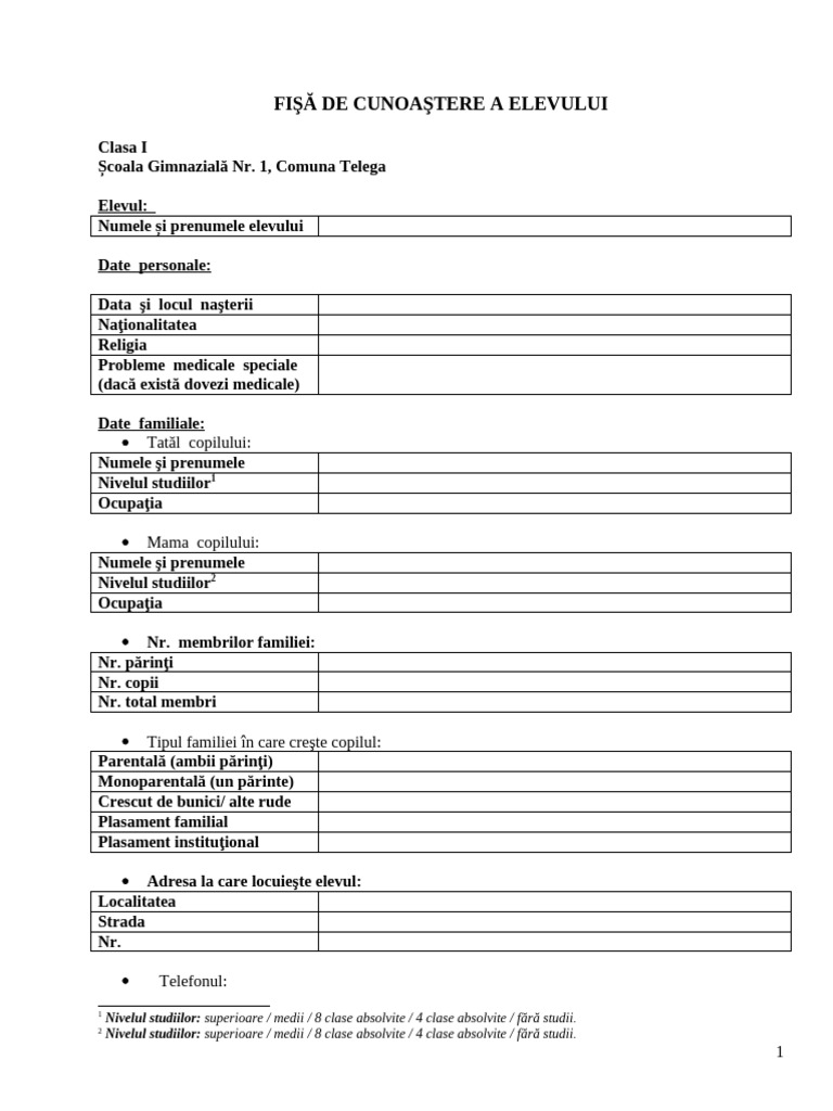 Fisa de Cunoastere A Elevului 2024-2025 | PDF