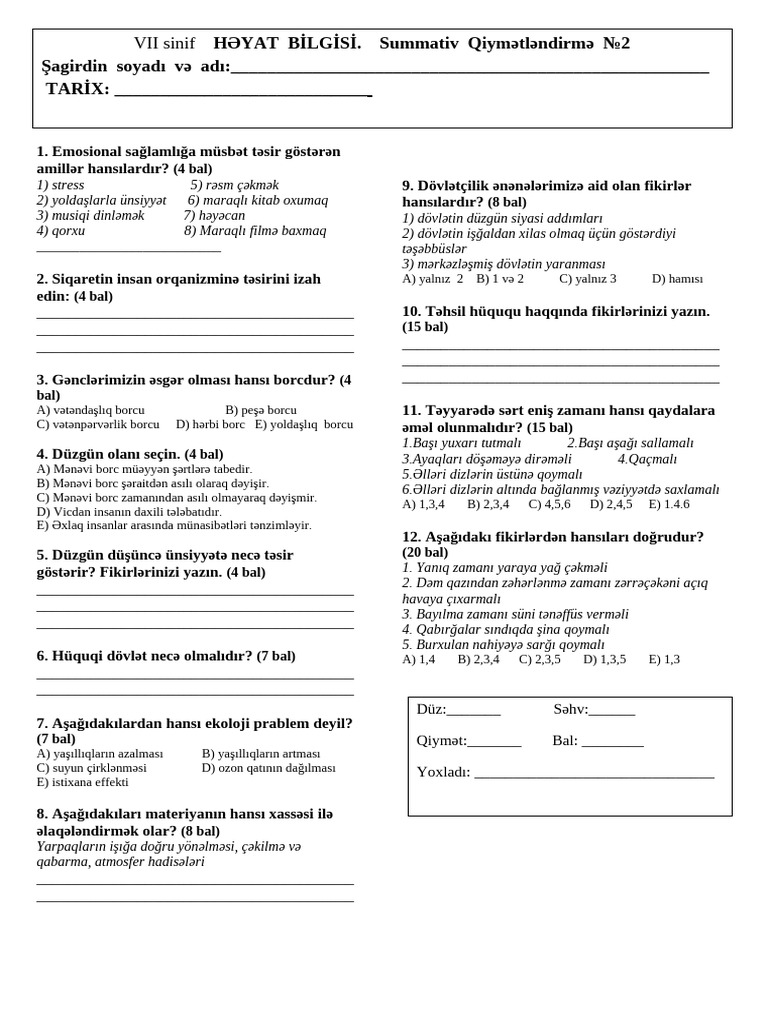 7ci Sinif Həyat Bilgisi KSQ-2 | PDF