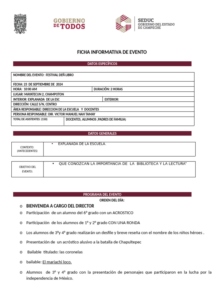 15.-04DPR0727T - Ficha de Evento. 13 y 16 S | PDF