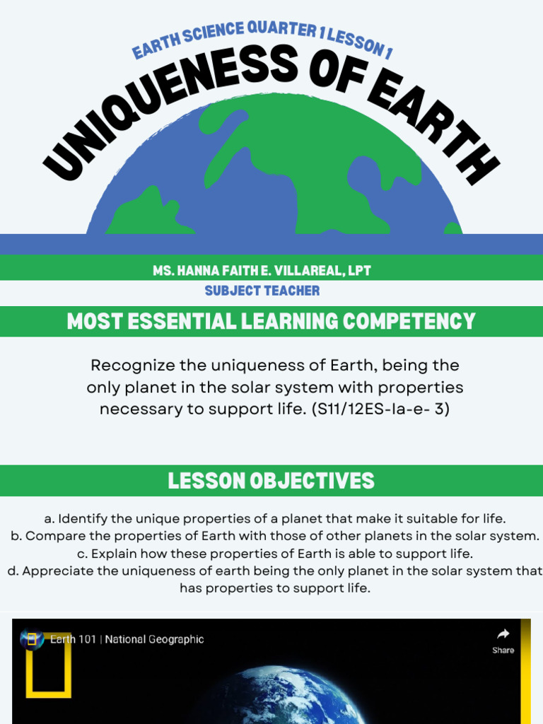 ES Q1 Lesson 1 Unique Earth | PDF