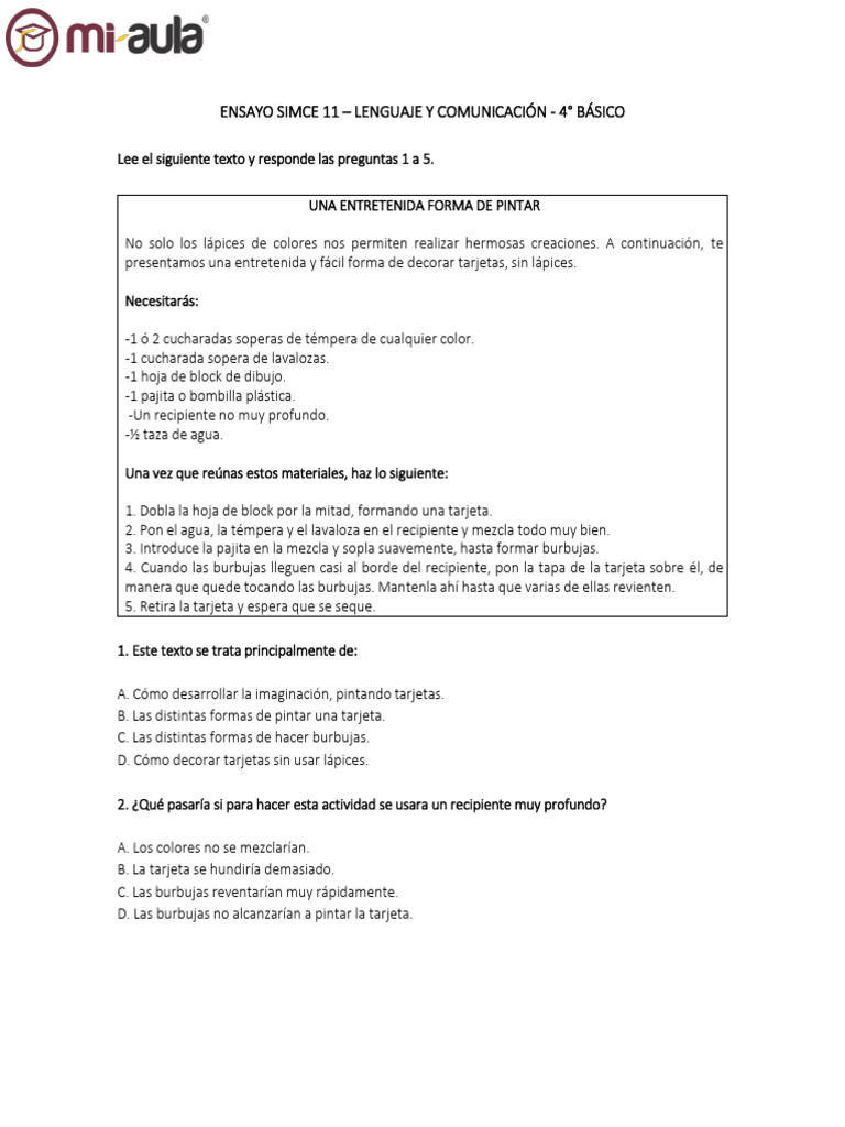 Ensayo Simce 11 Lenguaje y Comunicacion Nro 11 156145 20240904 20240730 160727 | PDF