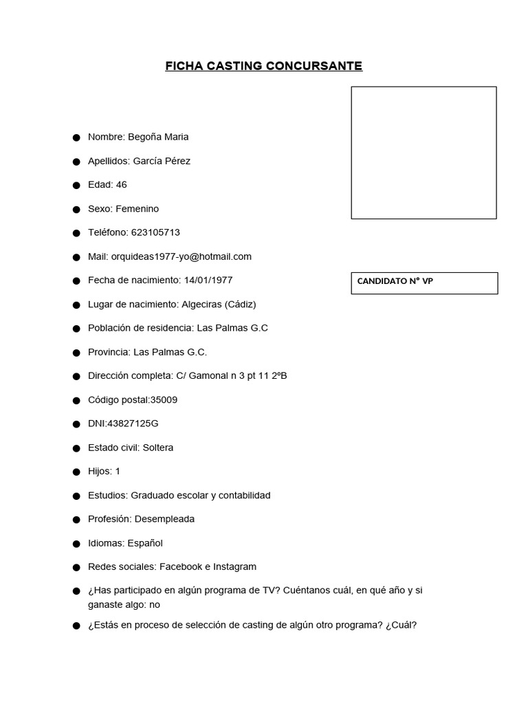 Ficha Casting Candidato 25palabras | PDF