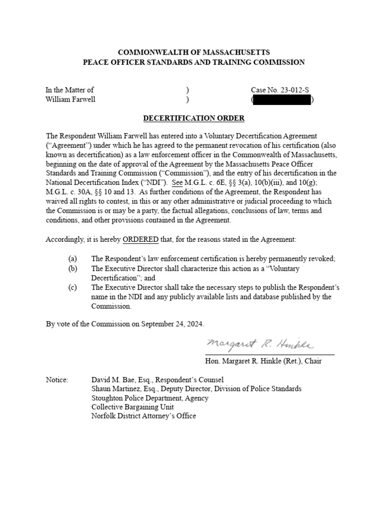 William Farwell Decertification Order | PDF