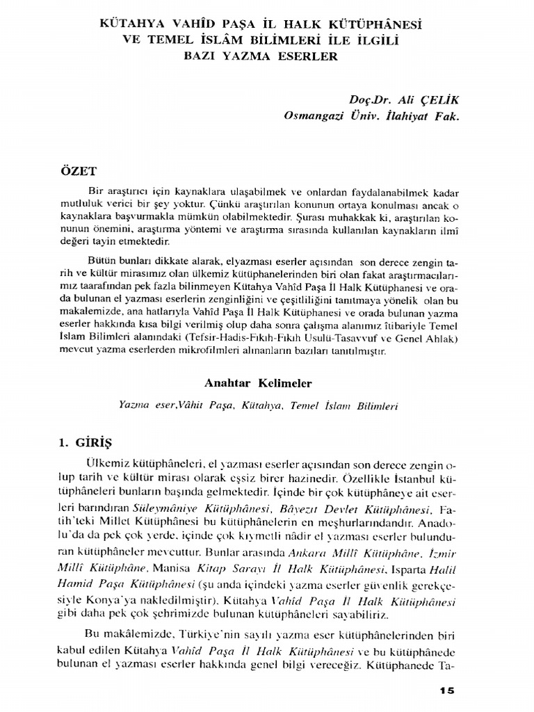 K - Tahya Vahid Pa - A - L Halk K - T - Phanesi Ve Temel - Slam Bilimleri Ile Ilgili Baz - Yazma ...