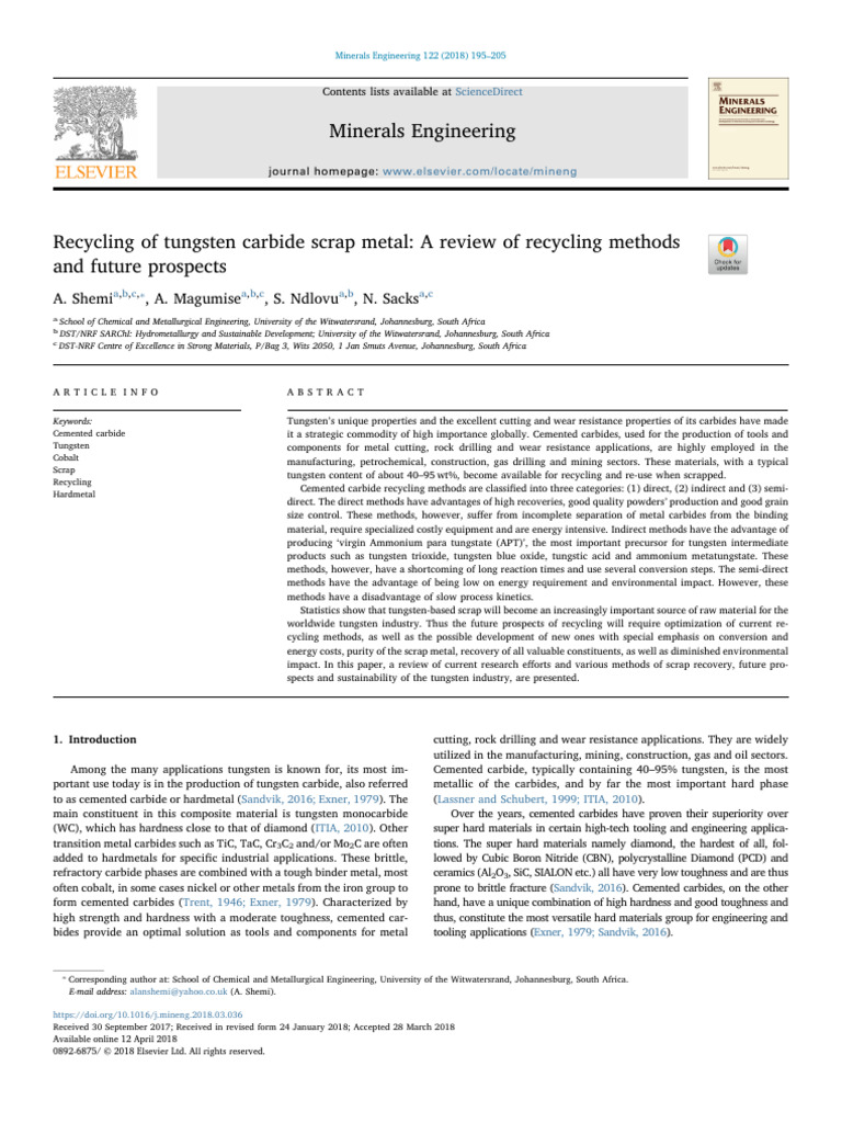 Recycling of Tungsten Carbide Scrap Metal | PDF