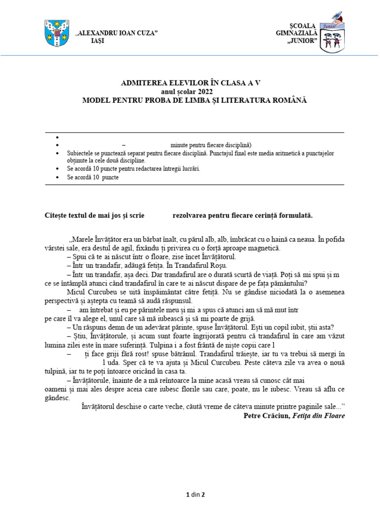 Model Subiecte Limba Romana | PDF