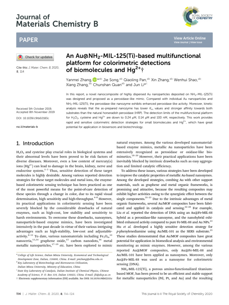 03.an Au@NH2-MIL-125 (Ti) - Based Multifunctional Platform For Colorimetric Detections | PDF