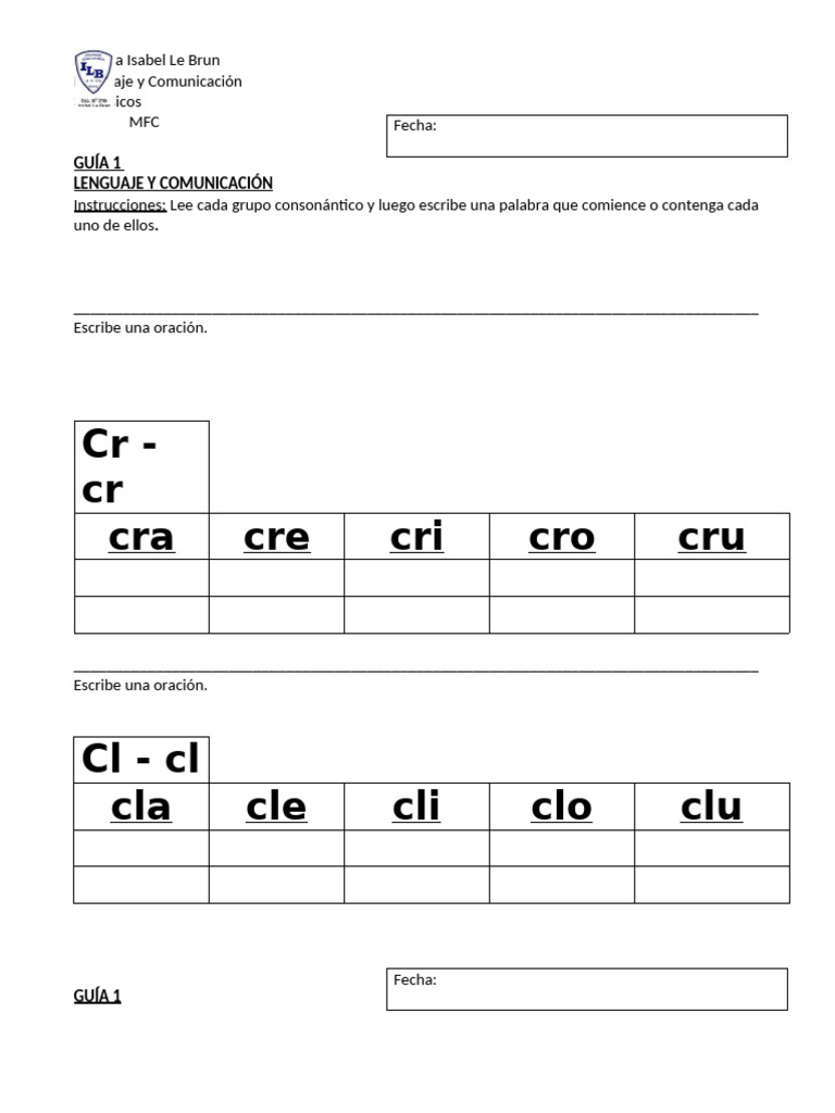 3º BÁSICO - GUIA - Grupos Consonanticos | PDF