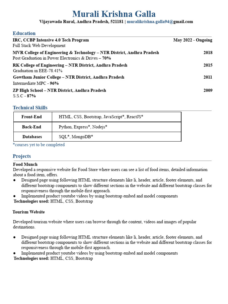 Murali Krishna Galla CCBP Tech 4.O Intensive - 1 | PDF
