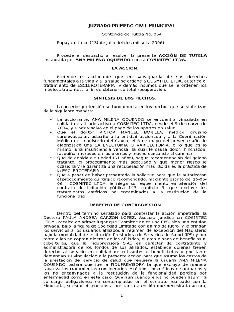 Tutela - Tratamiento Estetico Cosmitec Eps Ana Milena | PDF | Dignidad ...