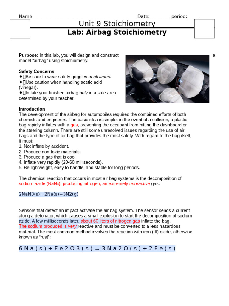 Lab - Airbag Stoichiometry - General For Gas Laws | PDF