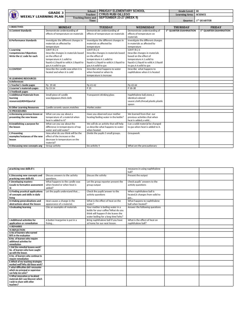 WLP - Science 3 - Q1 - W9 | PDF