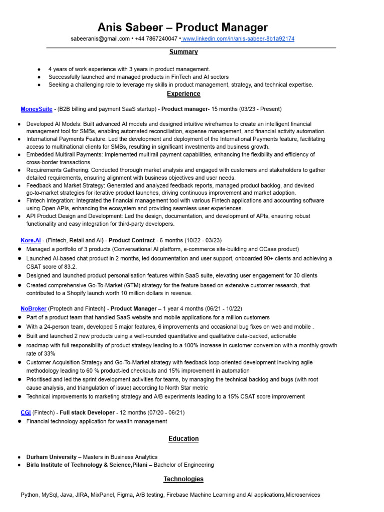 AnisSabeerResume J1 | PDF