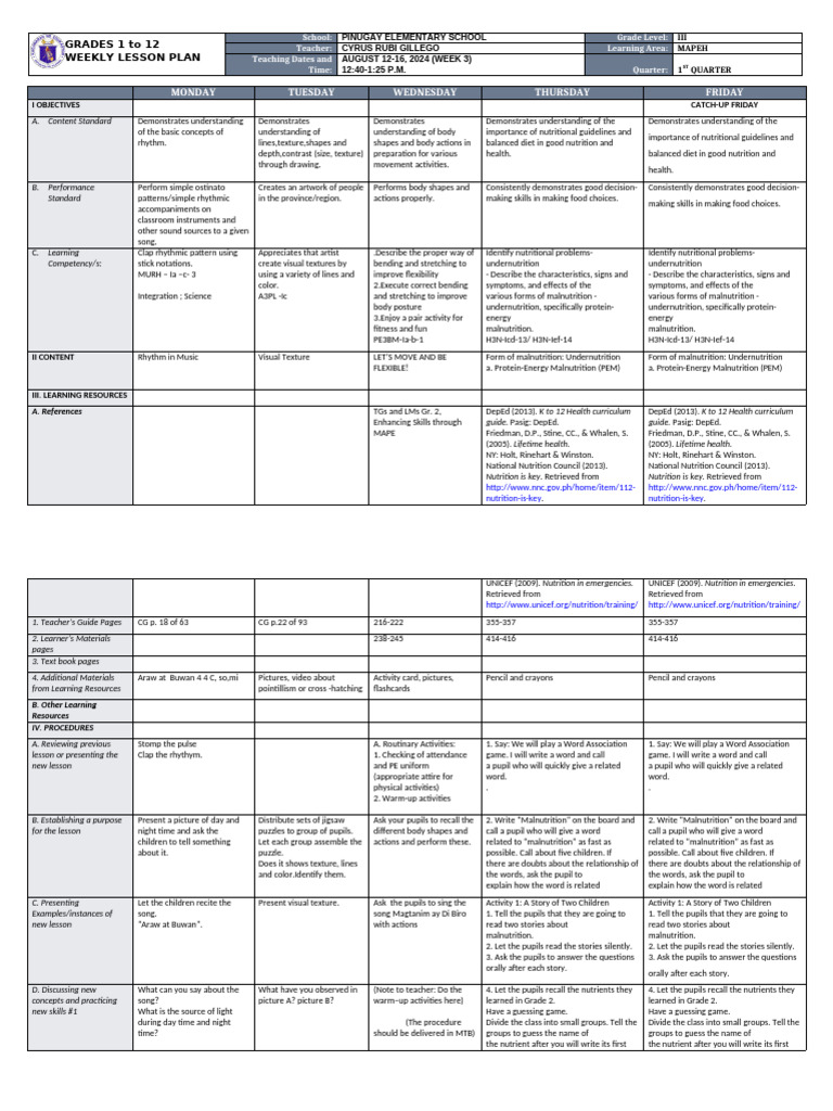 WLP - Mapeh 3 - Q1 - W3 | PDF