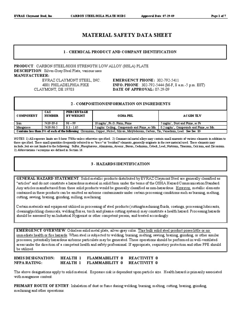 Plate Msds | PDF | Manganese | Combustion