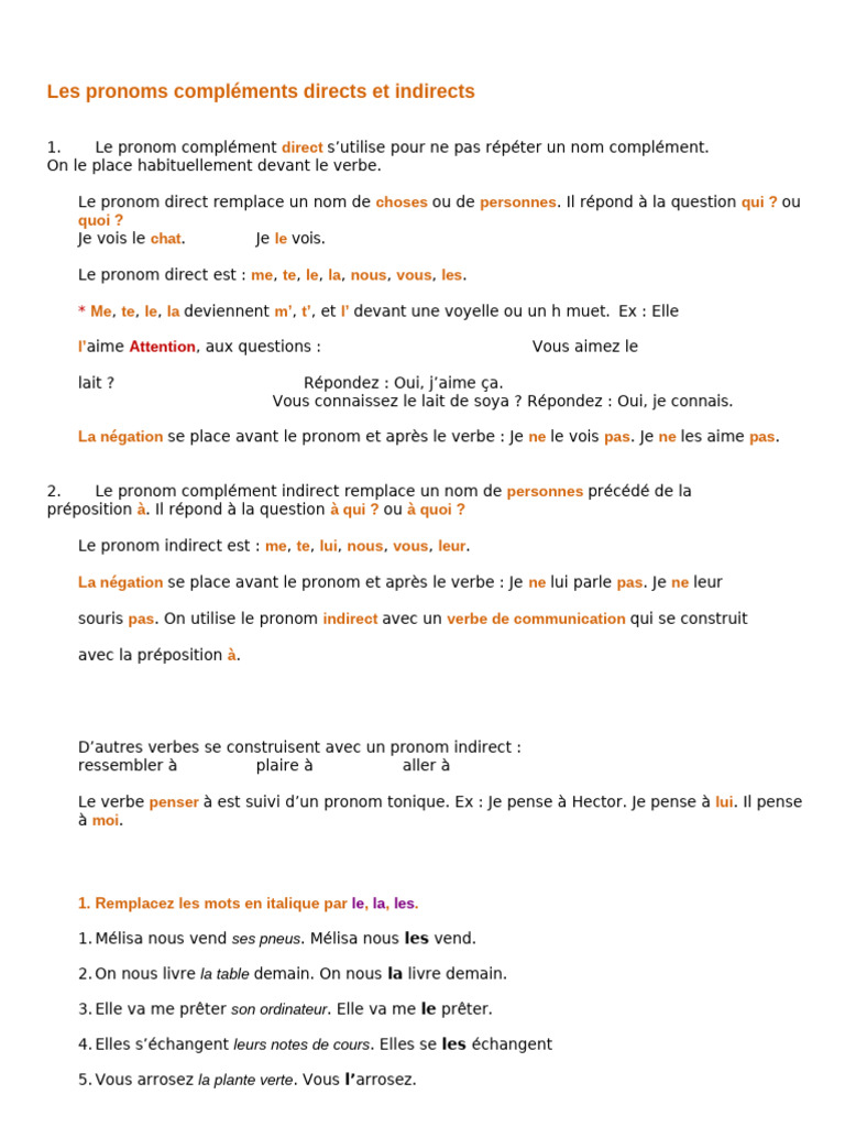 Les Pronoms Compléments Direstc Et Indirects | PDF