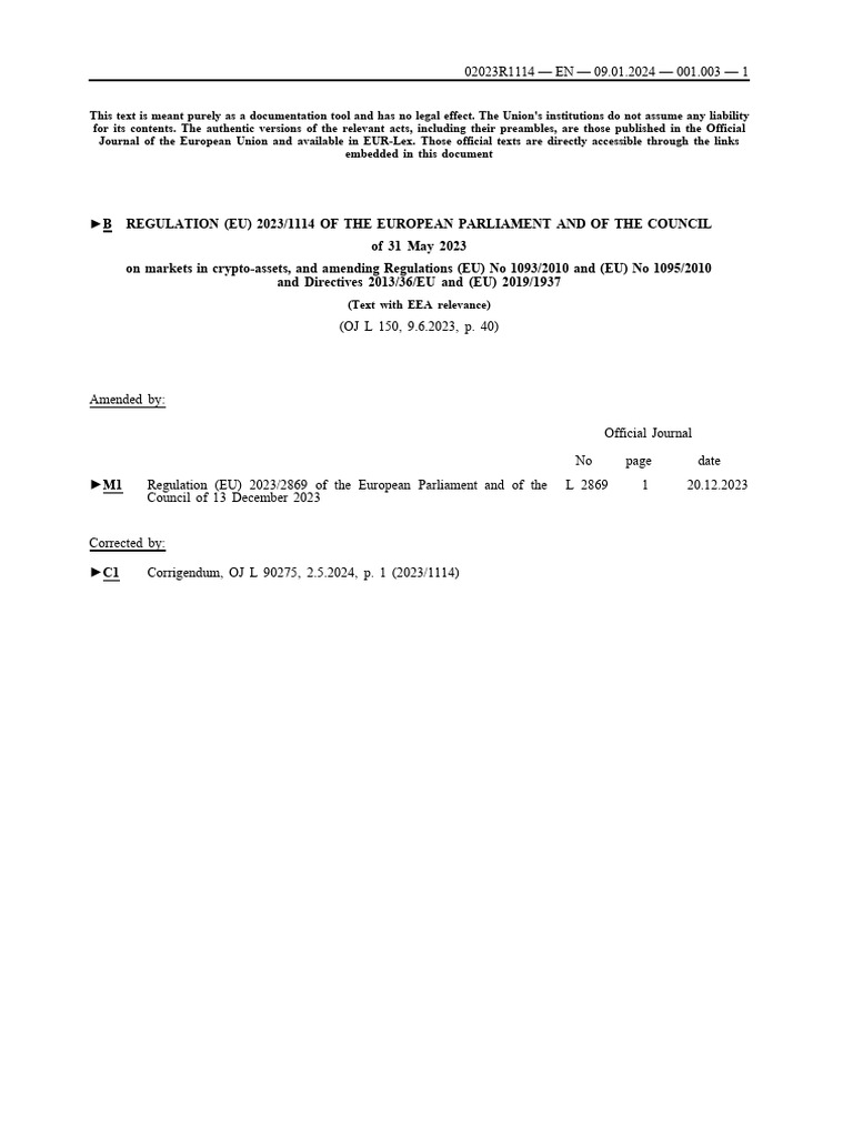 EU Regulation on Crypto-Assets 2023 | PDF | Cryptocurrency | Economies