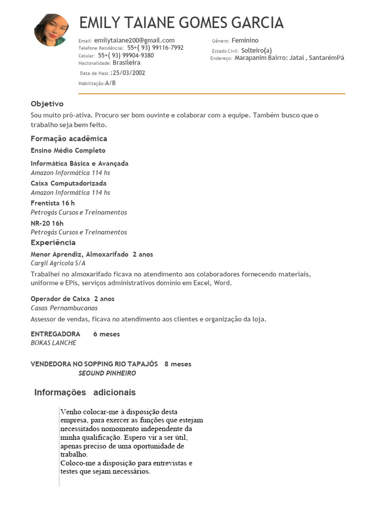 EMILY TAIANE GOMES GARCIA - Currículo | PDF