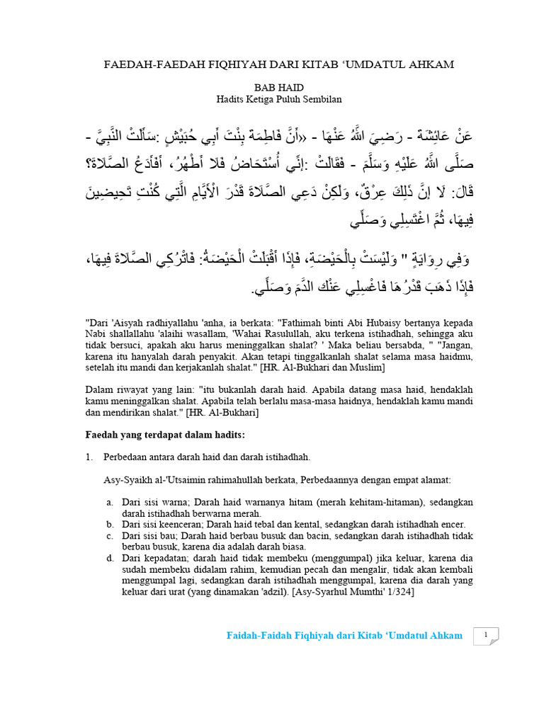 Faidah-Faidah Fiqhiyah Dari Kitab Umdatul Ahkam Hadist 39 | PDF