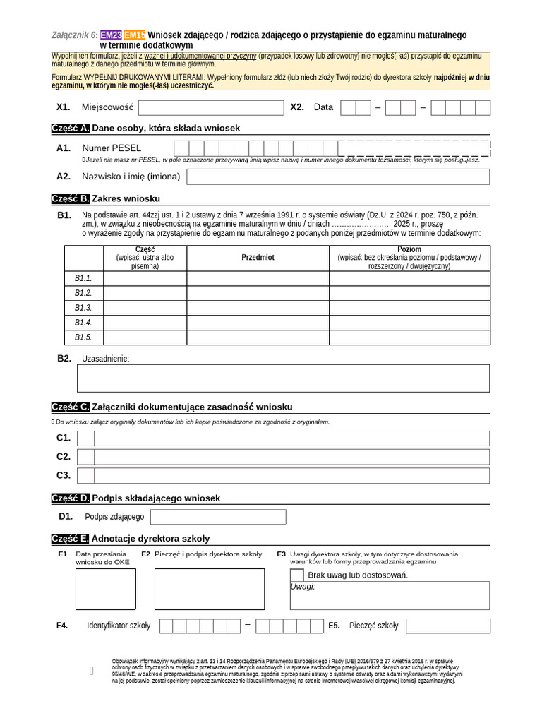 Em 2025 Zal - 6 Wniosek Zdającego Termin Dodatkowy | PDF
