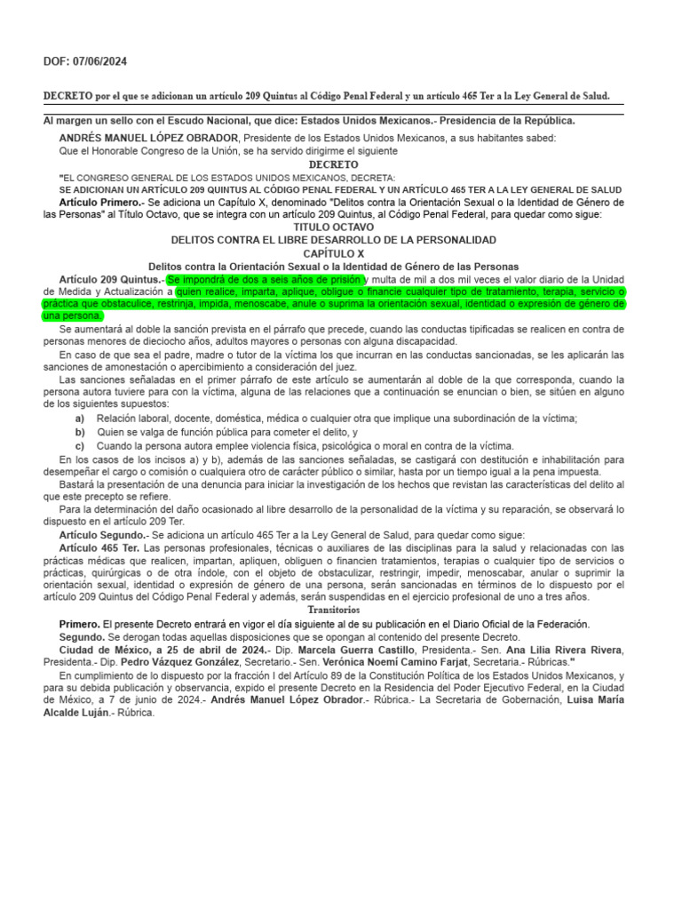 Artículo 209 Quintus Al Código Penal Federal y Un Artículo 465 Ter A La ...