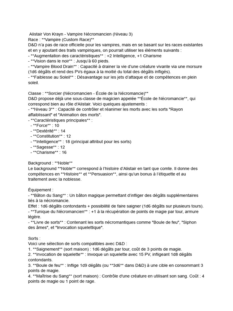 Alistair Von Krayn - Vampire Nécromancien (Niveau 3) | PDF