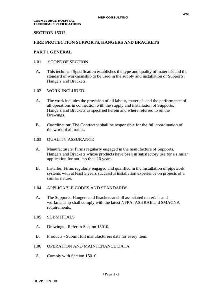 SECTION 15312 Fire Protection Supports, Hangers and Brackets Part 1 ...