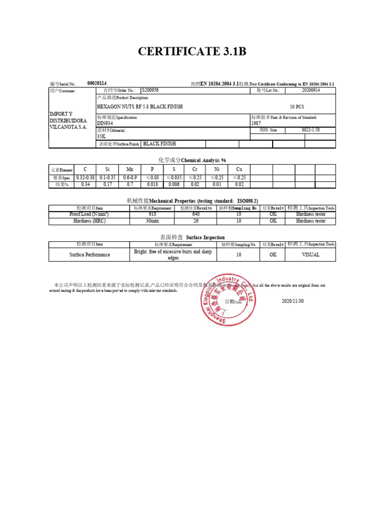 Certificate 3.1B: Test Certificate Conforming To EN 10204:2004 3.1 | PDF