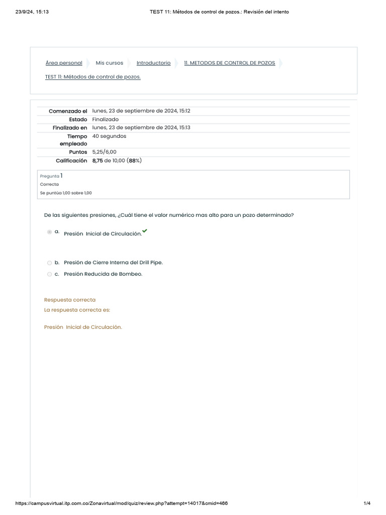 TEST 11 - Métodos de Control de Pozos. - Revisión Del Intento | PDF