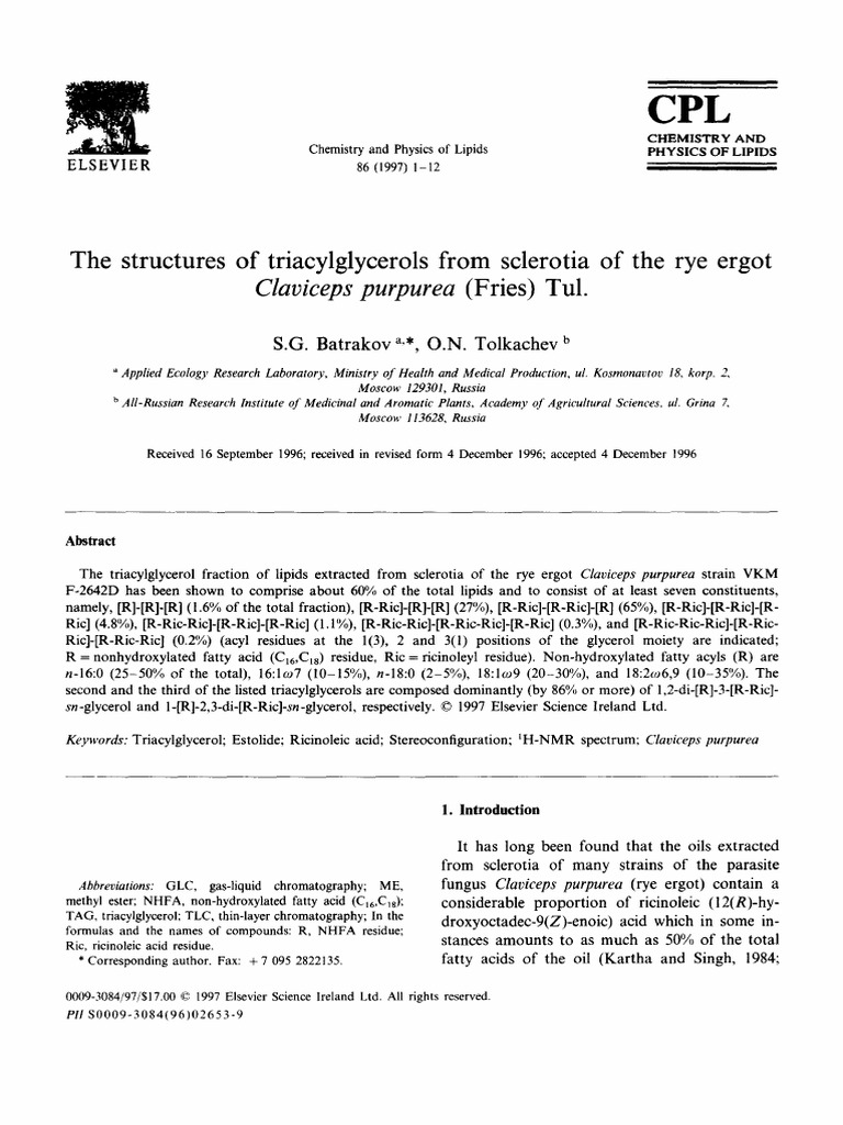 Clavieeps Purpurea: The Structures of Triacylglycerols From Sclerotia ...