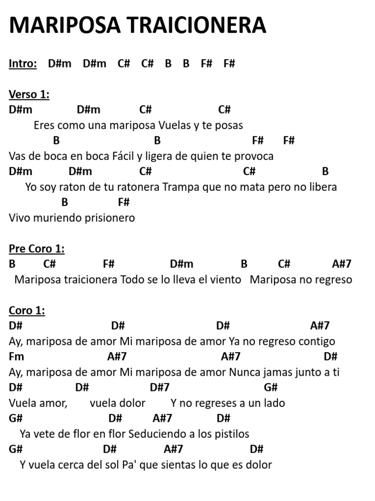 Mariposa Traicionera - Letra y Acordes (Tono Ebm) | PDF