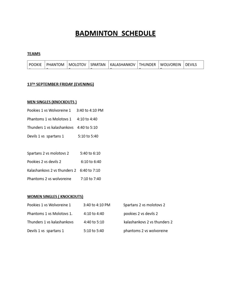 BADMINTON SCHEDULE FINAL | PDF
