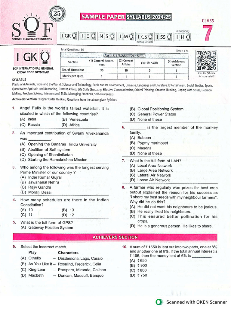 Grade 7 Sof Sample Paper | PDF