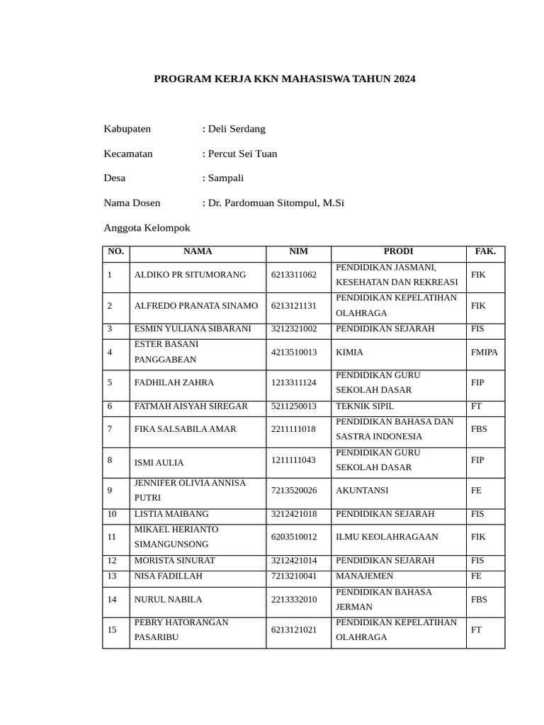 Program Kerja KKN Mahasiswa Tahun 2024 | PDF