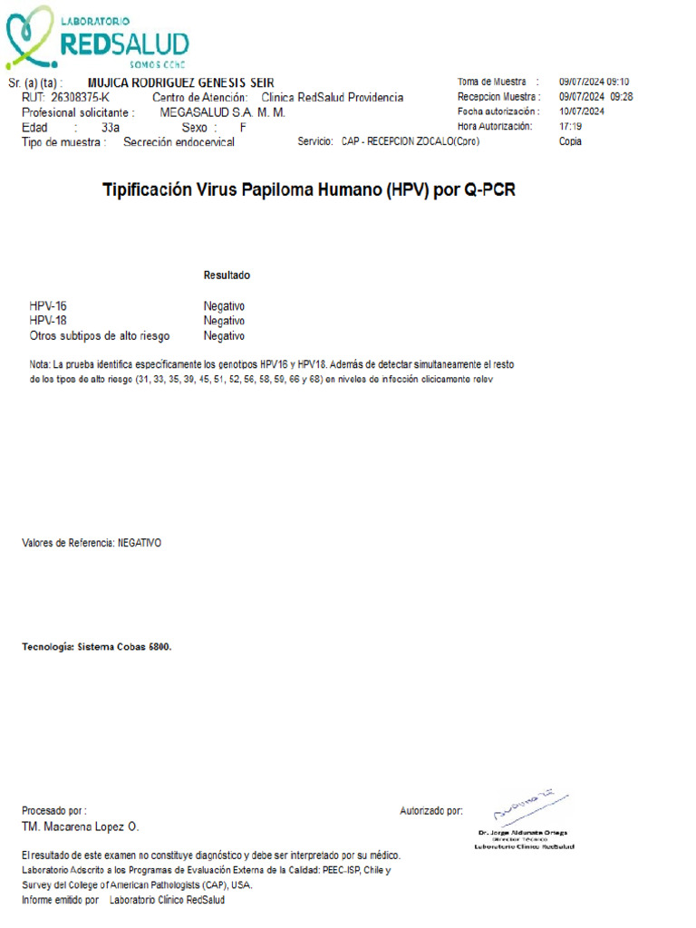 Examen-Virus Papiloma Humano Por PCR, Genotipificación Tipo 16 y 18 ...