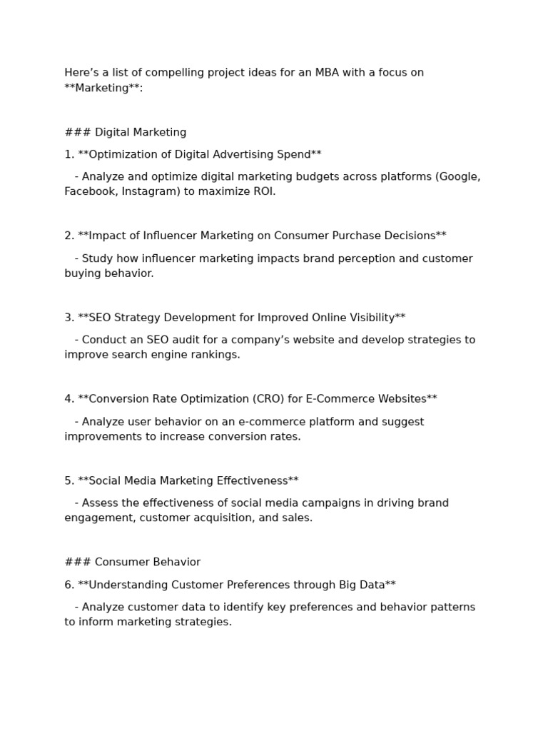 MBA Project List For MBA Marketing | PDF