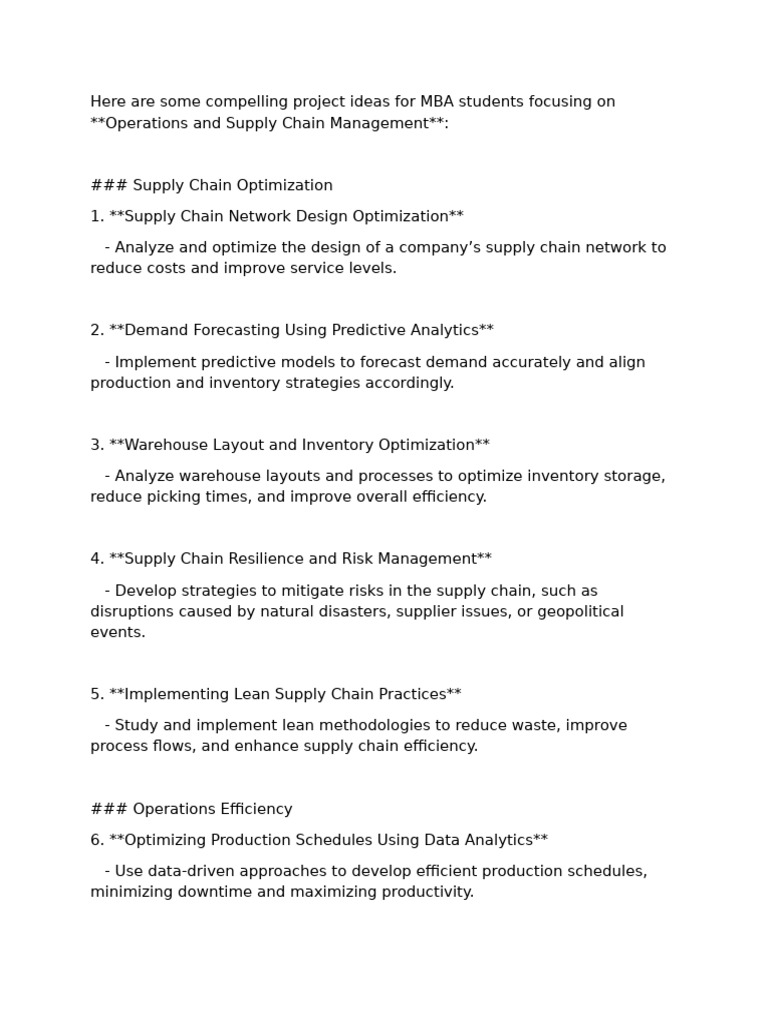 MBA Project List For Operation and Supply Chain Management | PDF ...