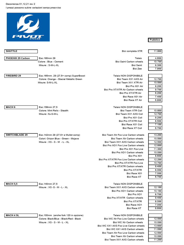 Listino Pivot 21 22 Rev 2 | PDF