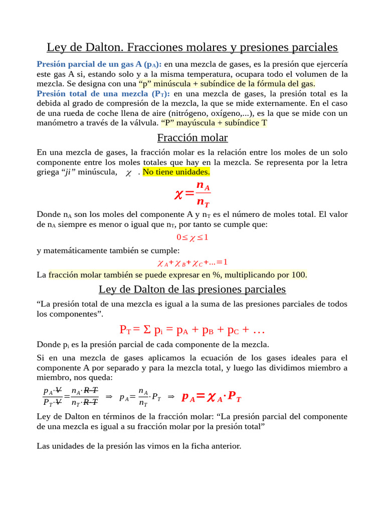 Gases Ley de Dalton Presiones Parciales | PDF | Gases | Mole (Unidad)